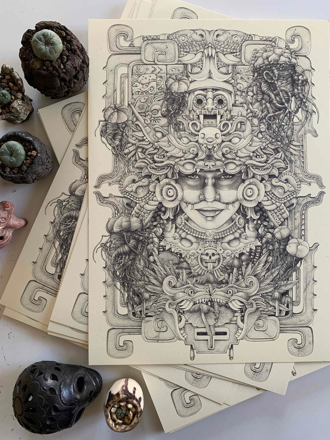 Ixchel Goddess Print: Aztec Maya Mexica Art, Lophophora, Mushrooms ...