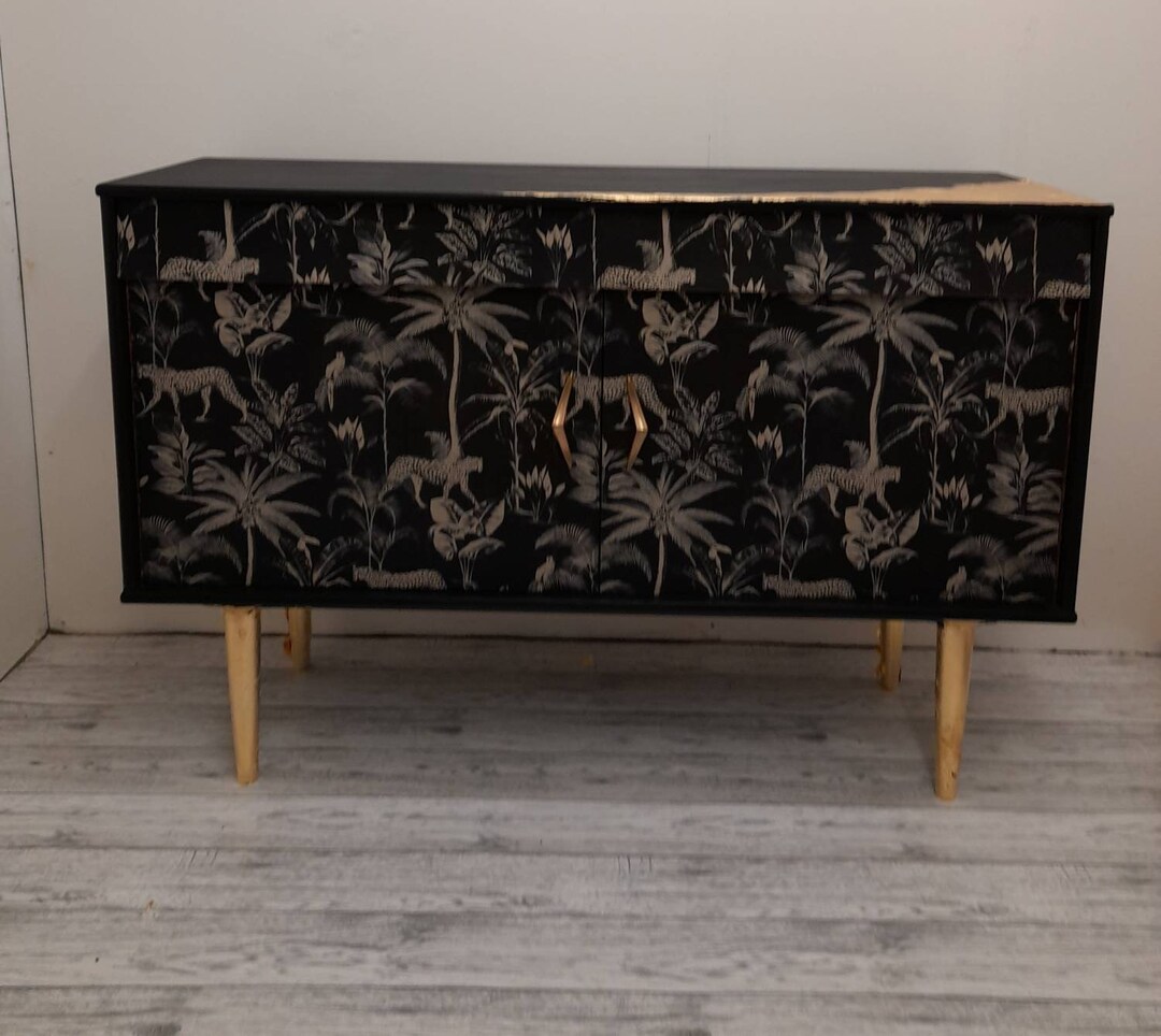 Midcentury Sideboard in Black and Golf Leopard and Tropical - Etsy