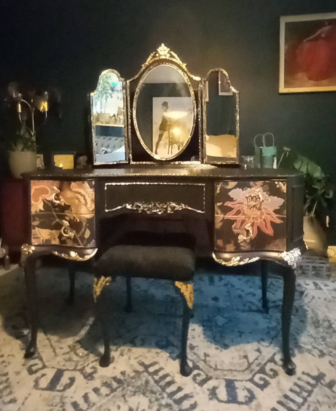 French Style Olympus Dressing Table Mirror and Stool. Black - Etsy UK