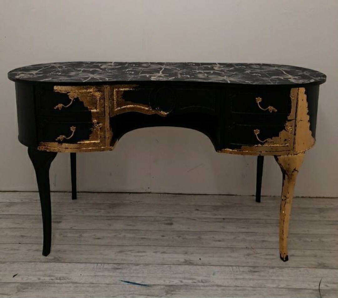 Dressing Table or Office Desk Vintage Kidney Shape. Black Gold Leaf ...