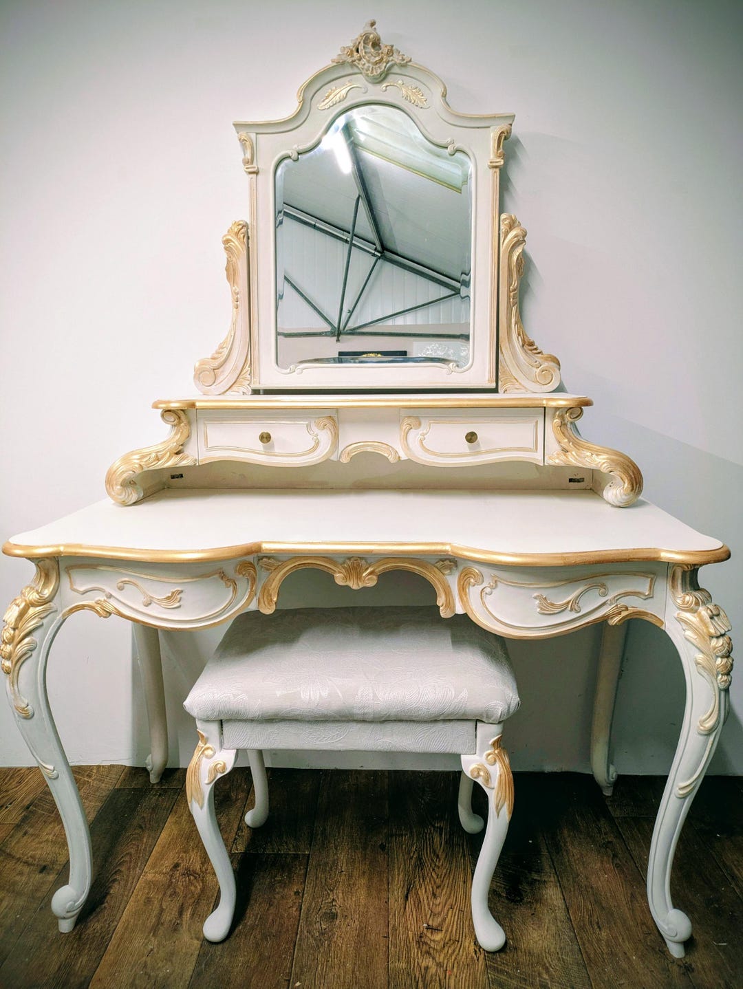 Vintage French Style Dressing Table: Shabby Chic Ivory, Gold Accents ...