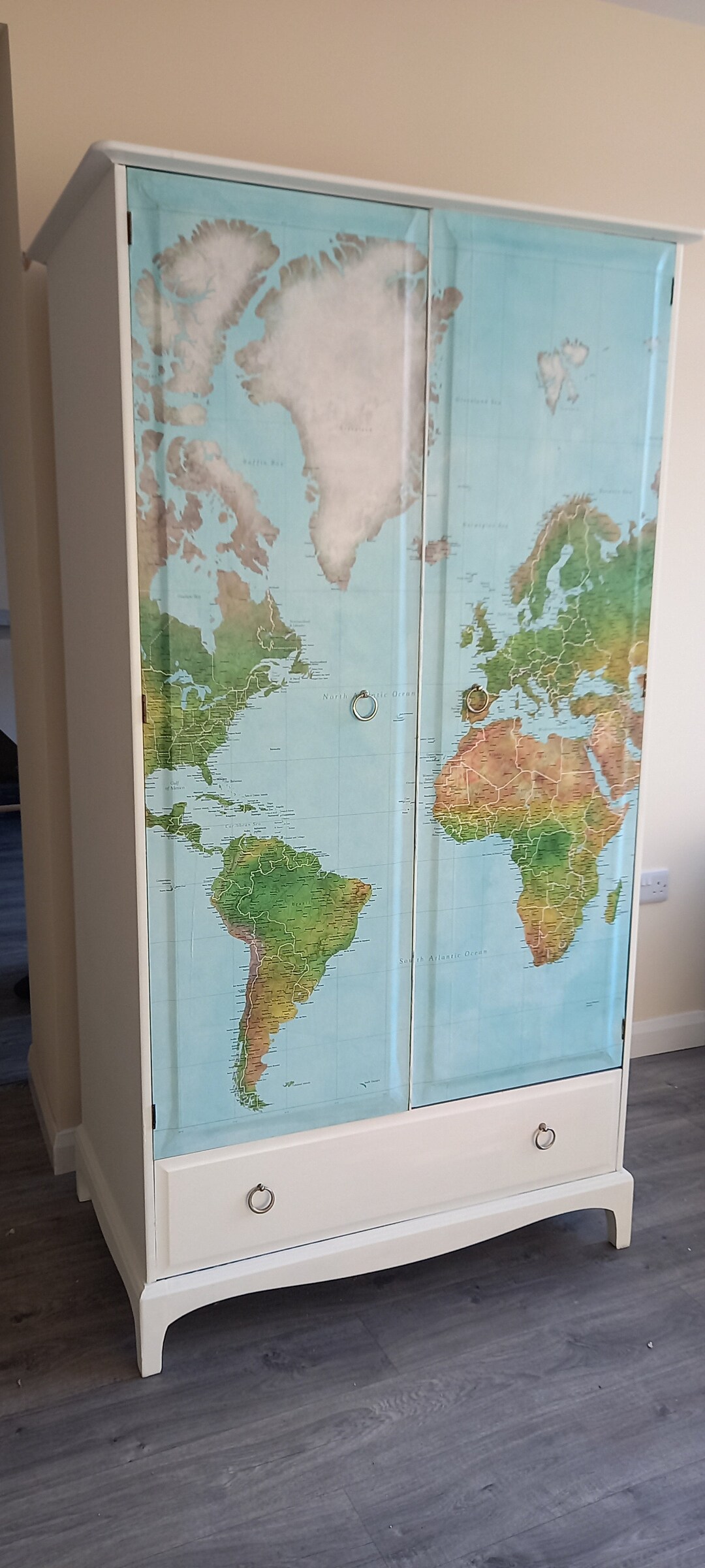 Stag Midcentury Wardrobe With World Map Print Atlas. Painted Upcycled ...
