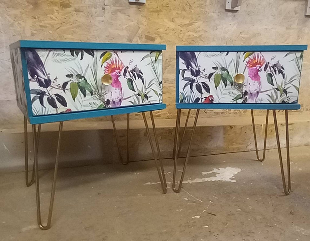 Pair of Bedside Tables Drawers. Tropical Birds and Teal. Gold Pin Legs ...