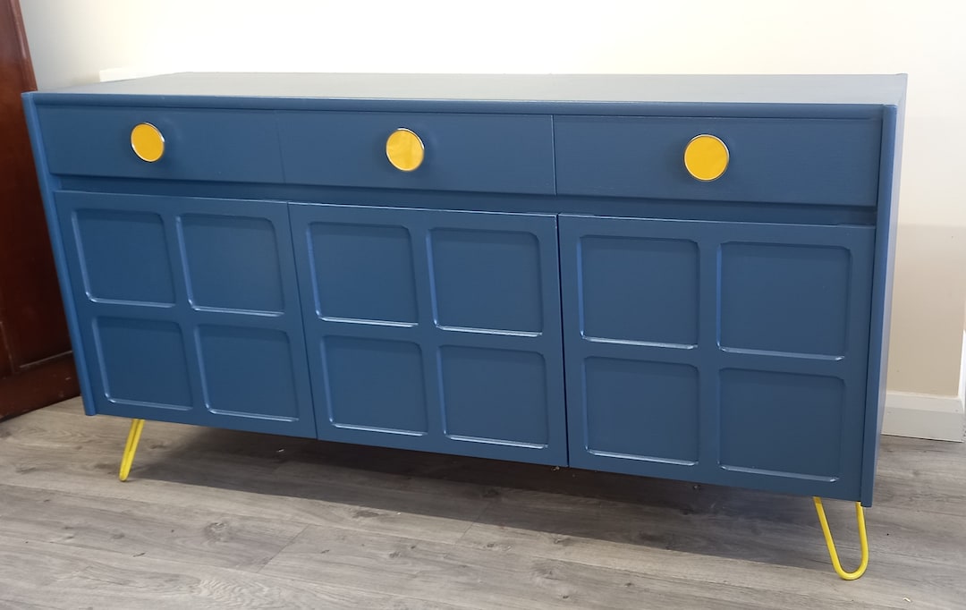 Midcentury Retro Nathan Squares Sideboard. Blue Yellow Painted Upcycled ...