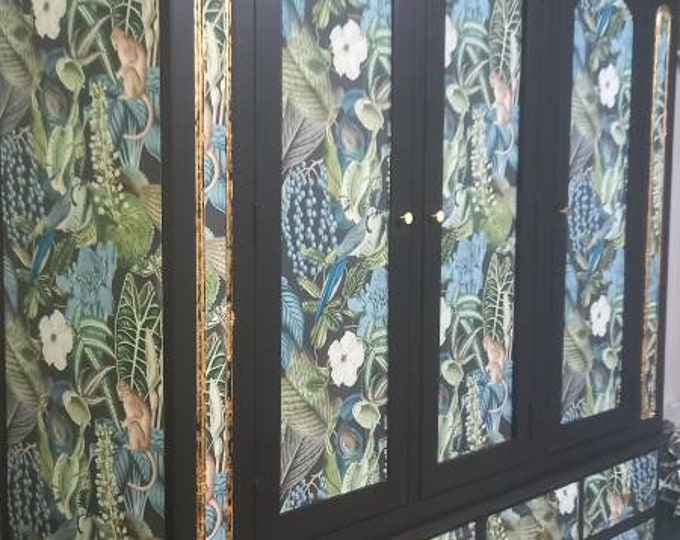 Triple Wardrobe Armoire. Matt Black Green Tropical Print. Upcycled ...