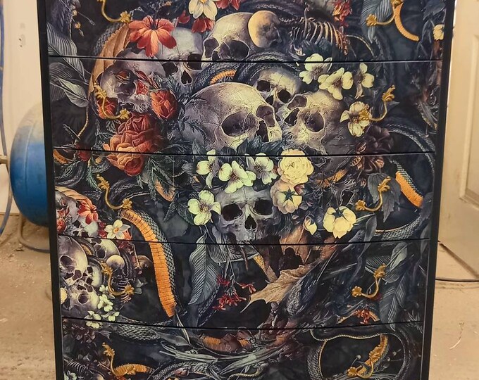 Chest of Drawers, Bedroom Furniture. Black With Steampunk Skull Print ...