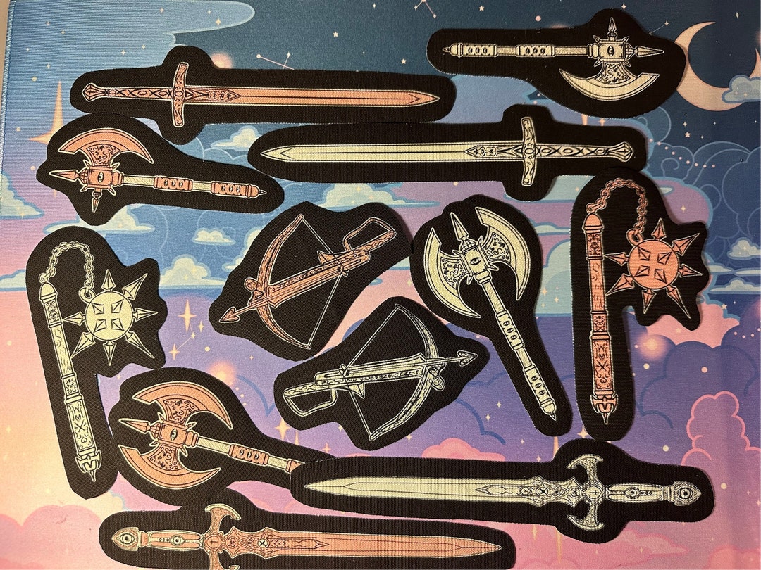 Medieval Weapons Iron on Patches , Axe, Double Axe, Crossbow, Flail ...