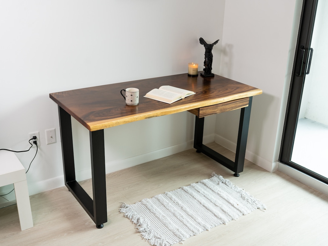 Walnut Live Edge Computer Desk With Sturdy Metal Legs and - Etsy