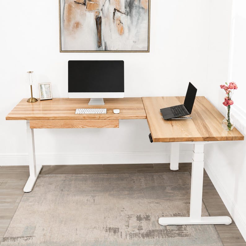 White Oak L-shaped Standing Desk — Electric Height-adjustable Corner ...
