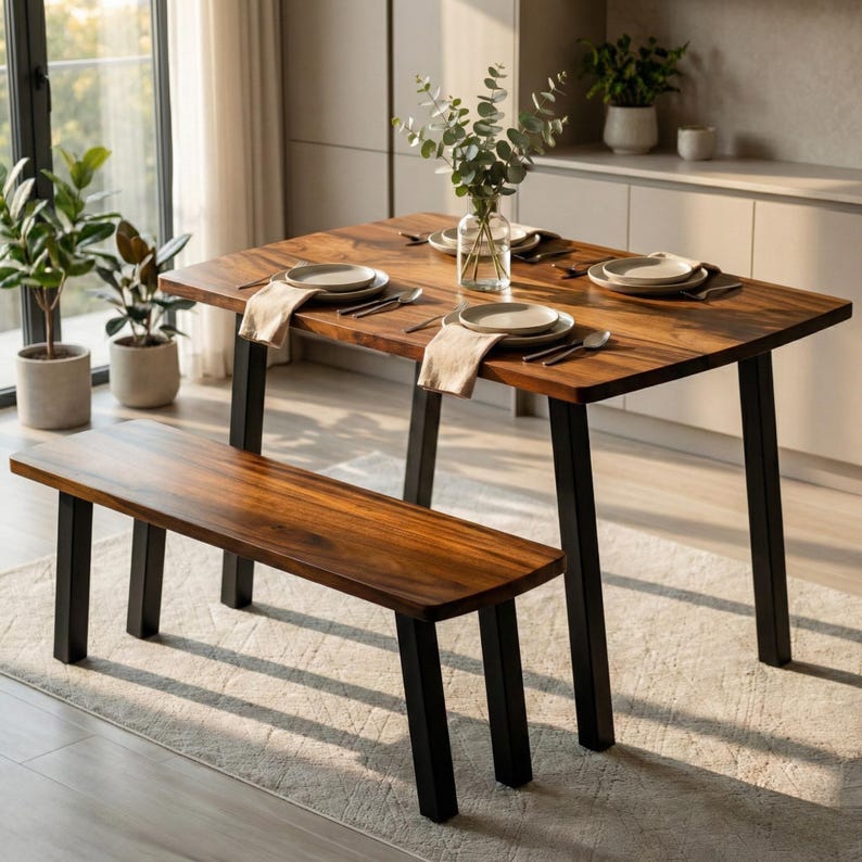 Solid Wood Dining Table With Bench Option – Handmade Walnut Kitchen ...