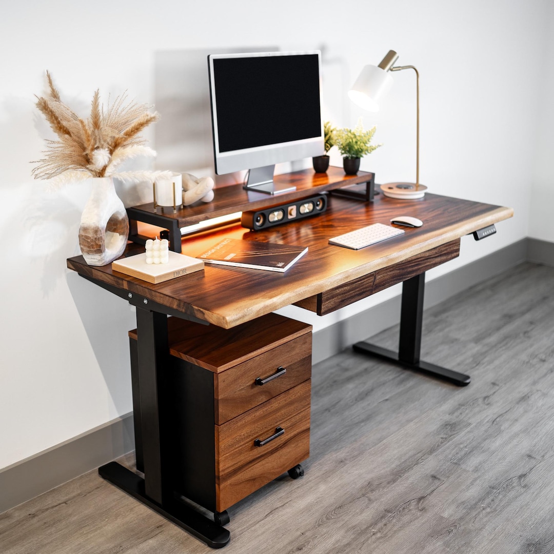 Walnut Standing Desk With Drawers - Live Edge Solid Wood Desk With ...