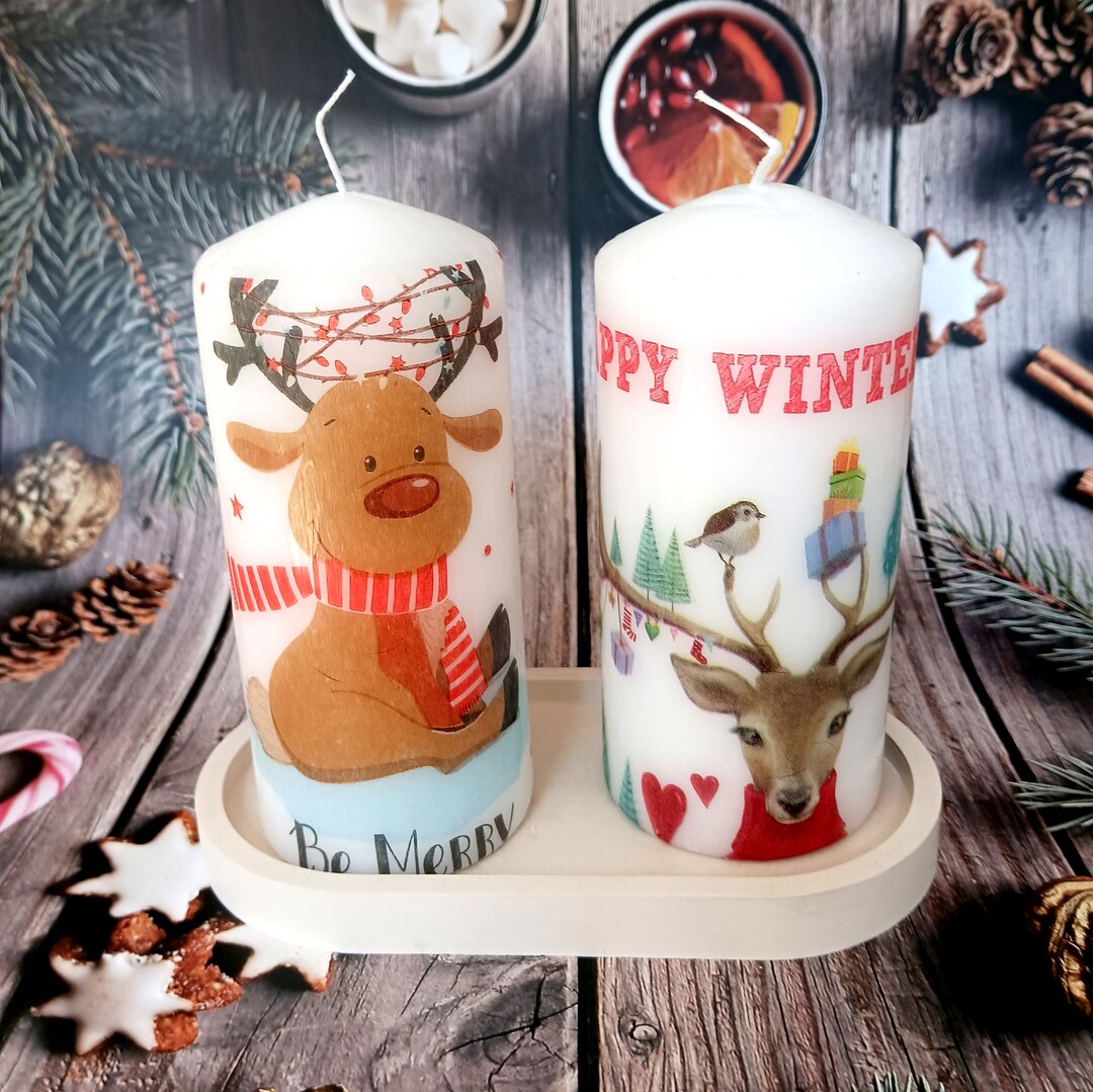 Christmas Pillar Candles Set Reindeer Christmas Decoration Festive ...