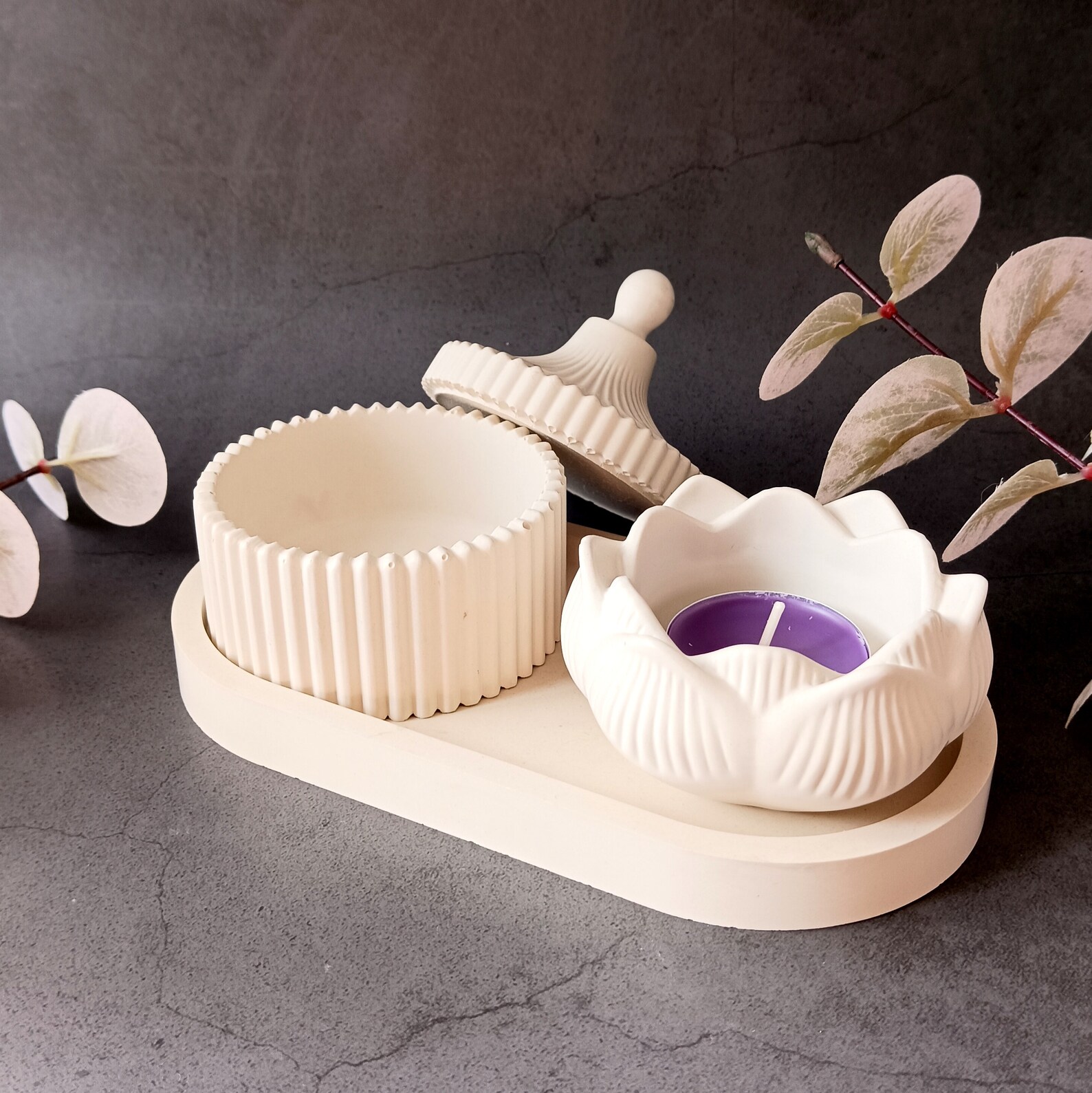 Handmade Concrete Tray Set – Lotus Candle Holder & Trinket Jars - Etsy