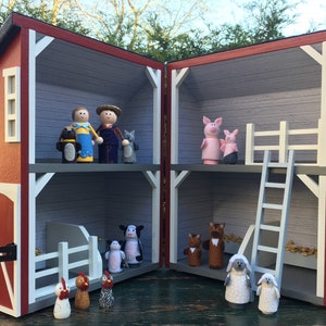 Red Toy Barn With 13 Peg Farm Animals, Farmer and Wife, Handmade Wood ...