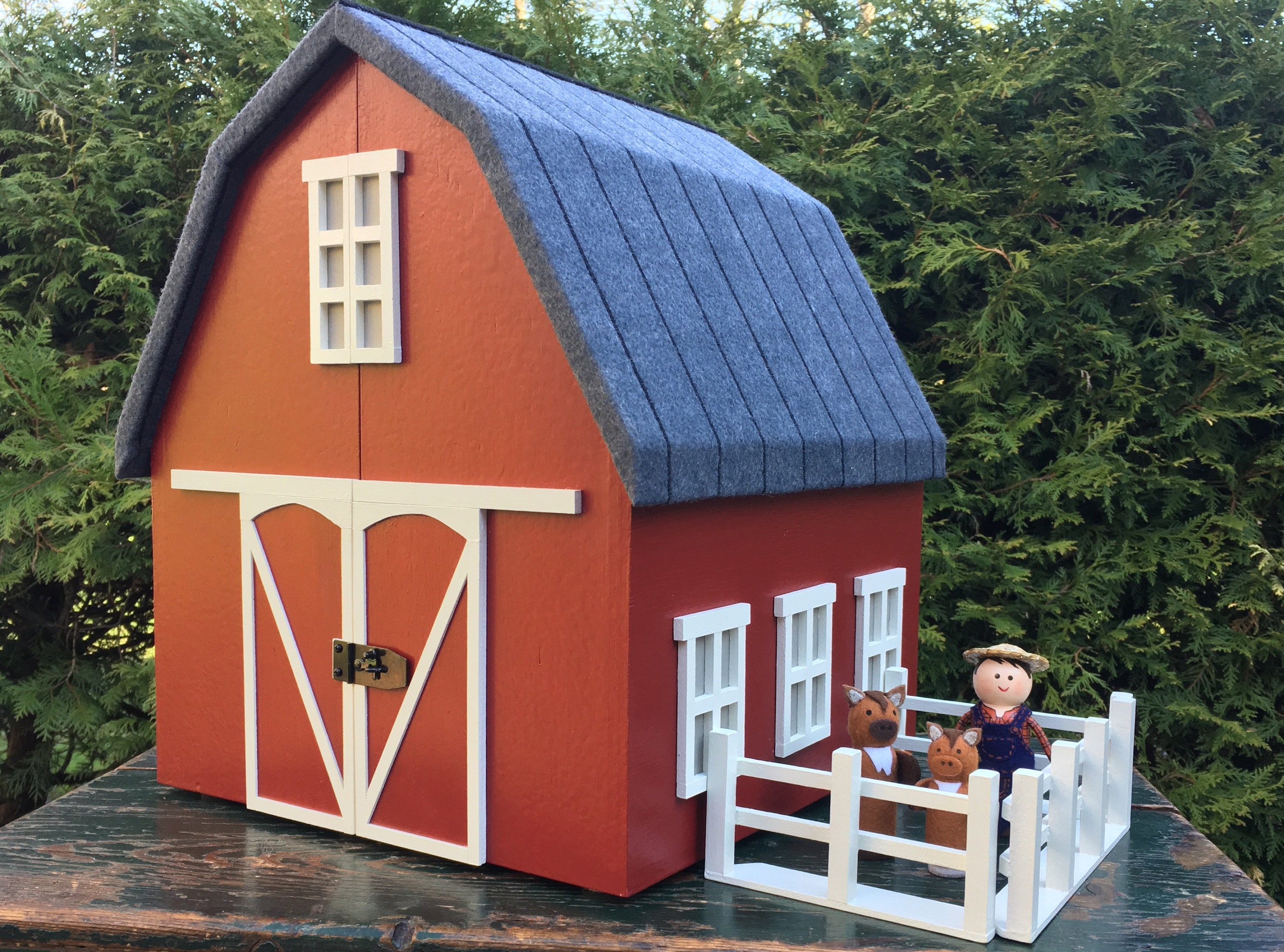 Red Toy Barn With 13 Peg Farm Animals, Farmer and Wife, Handmade Wood ...