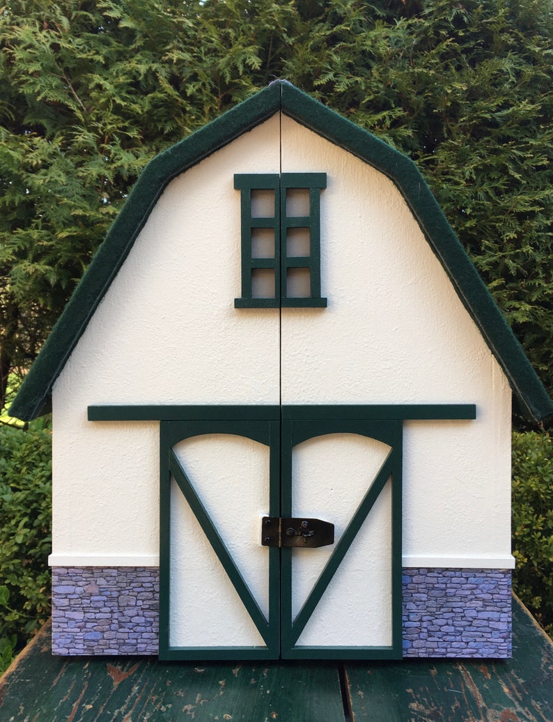 Wooden Toy Barn, Handcrafted Green/white Wood Barn, Pretend Play Farm ...
