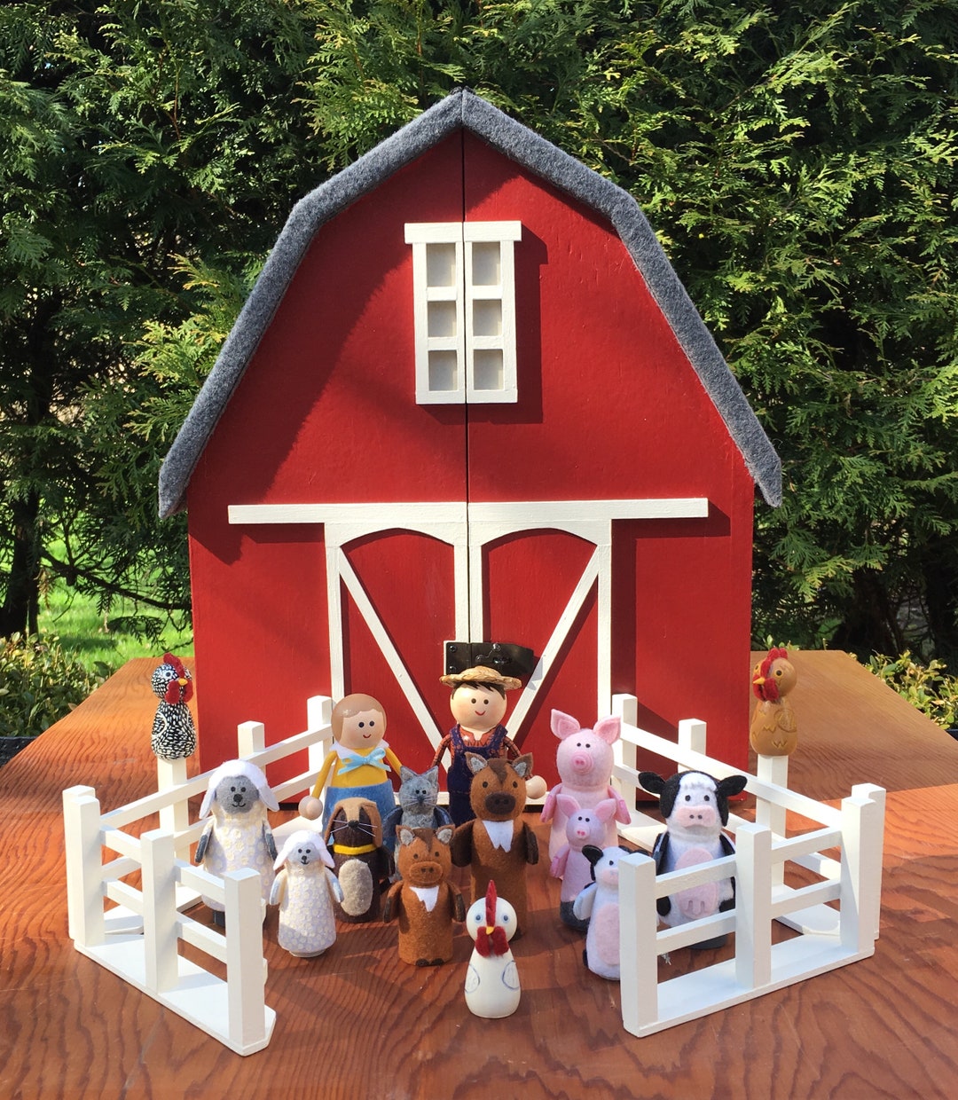 Red Toy Barn With 13 Peg Farm Animals, Farmer and Wife, Handmade Wood ...