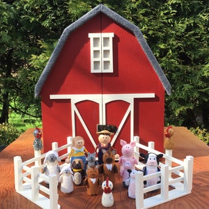 Red Toy Barn With 13 Peg Farm Animals, Farmer and Wife, Handmade Wood ...