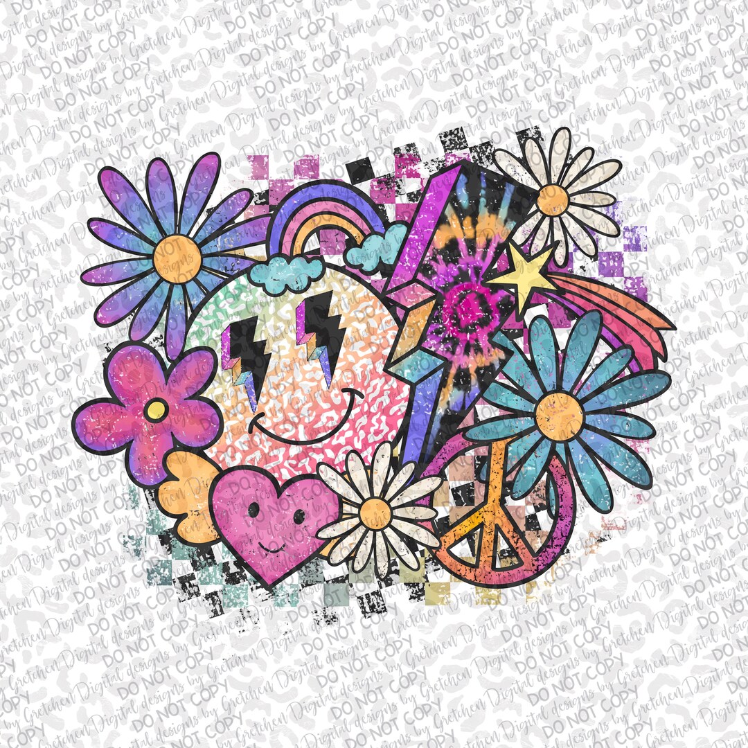Retro Lightning Bolt Smiley Face Daisy Shooting Star Checker Colorful ...
