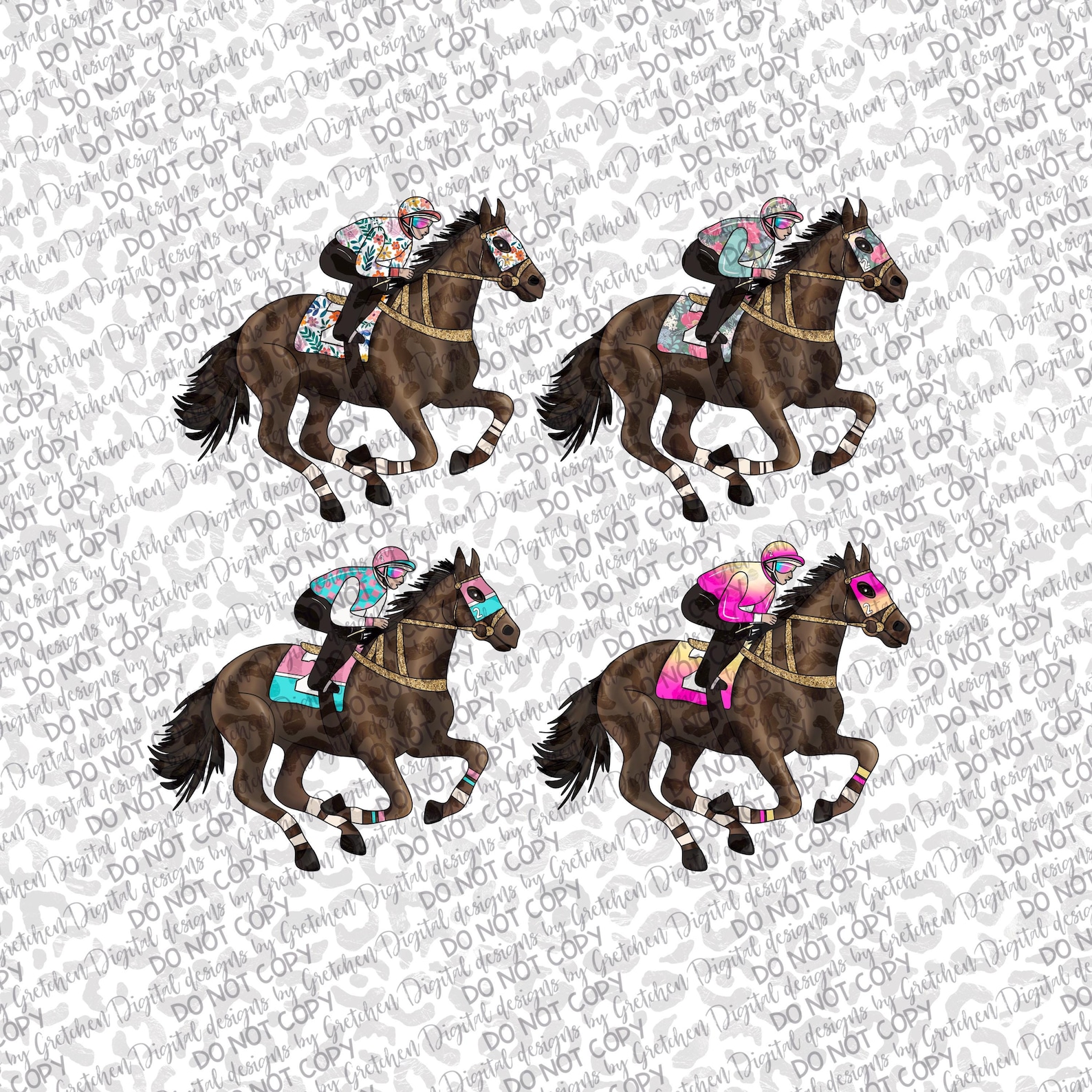 Hand Drawn Race Horses With Jockeys and Silks Kentucky Derby 4 Pngs ...