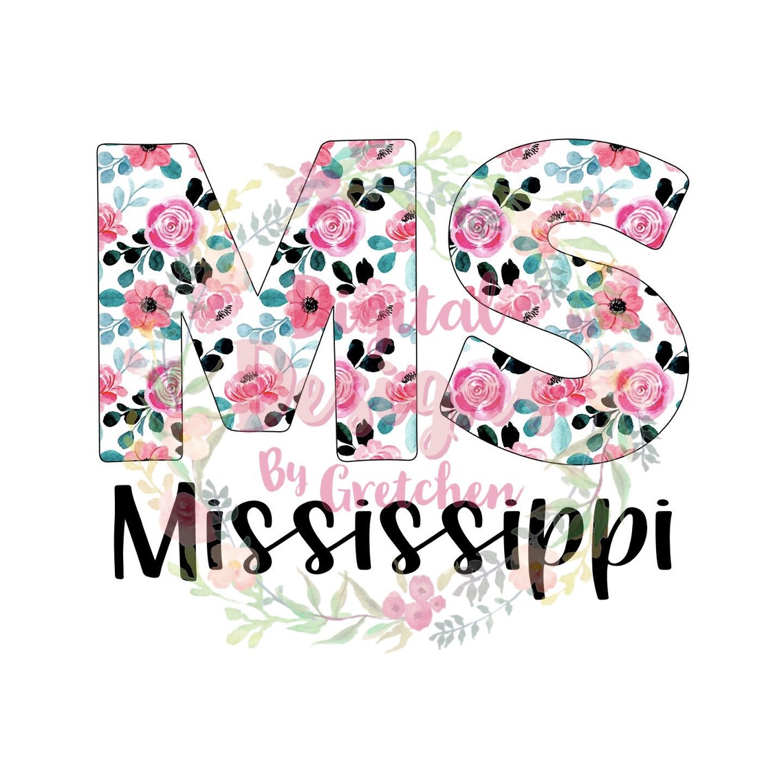 MS Mississippi floral state initials PNG digital download | Etsy