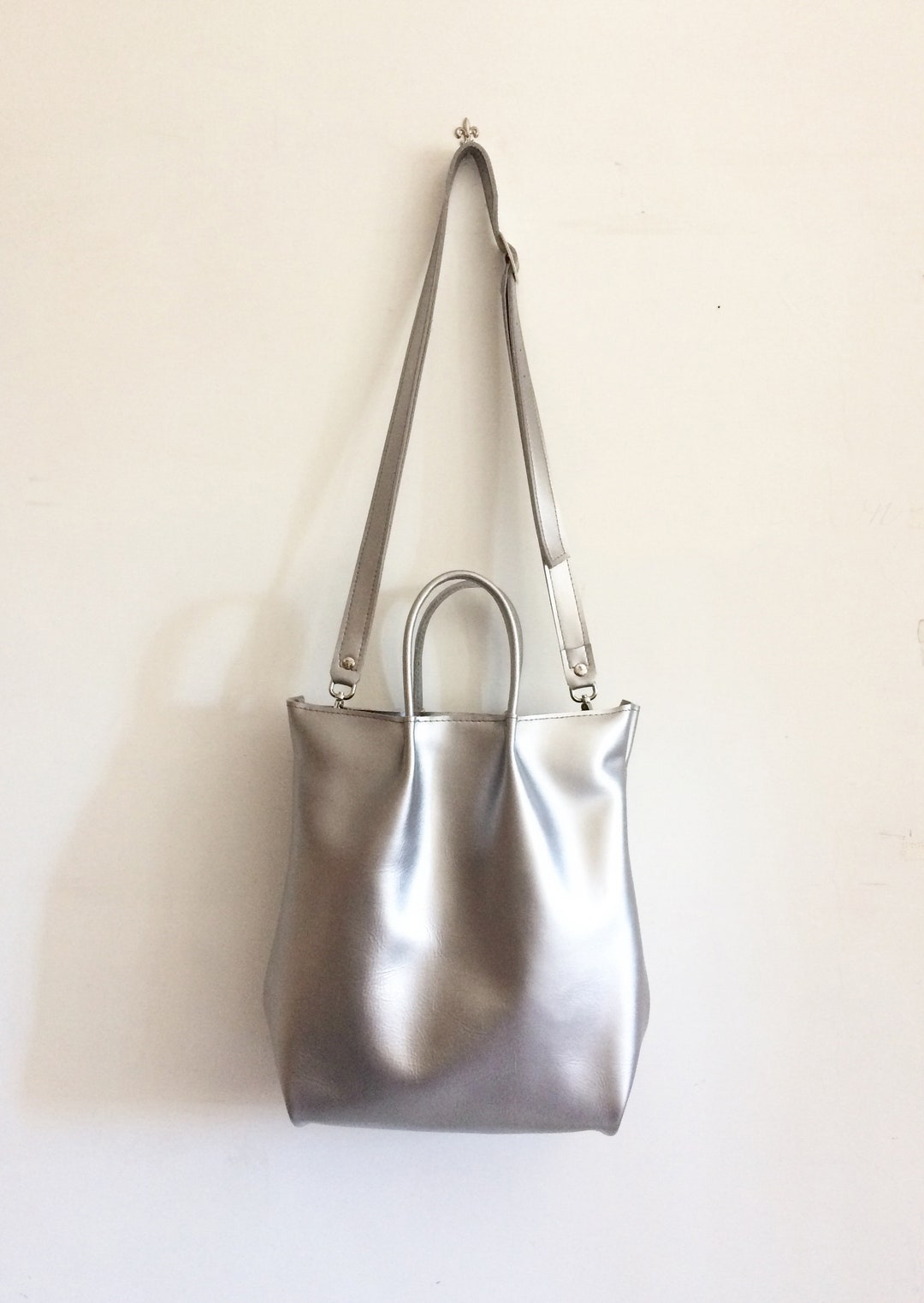 Silver Leather Tote, Metallic Leather Bag, Silver Tote Bag, Silver ...