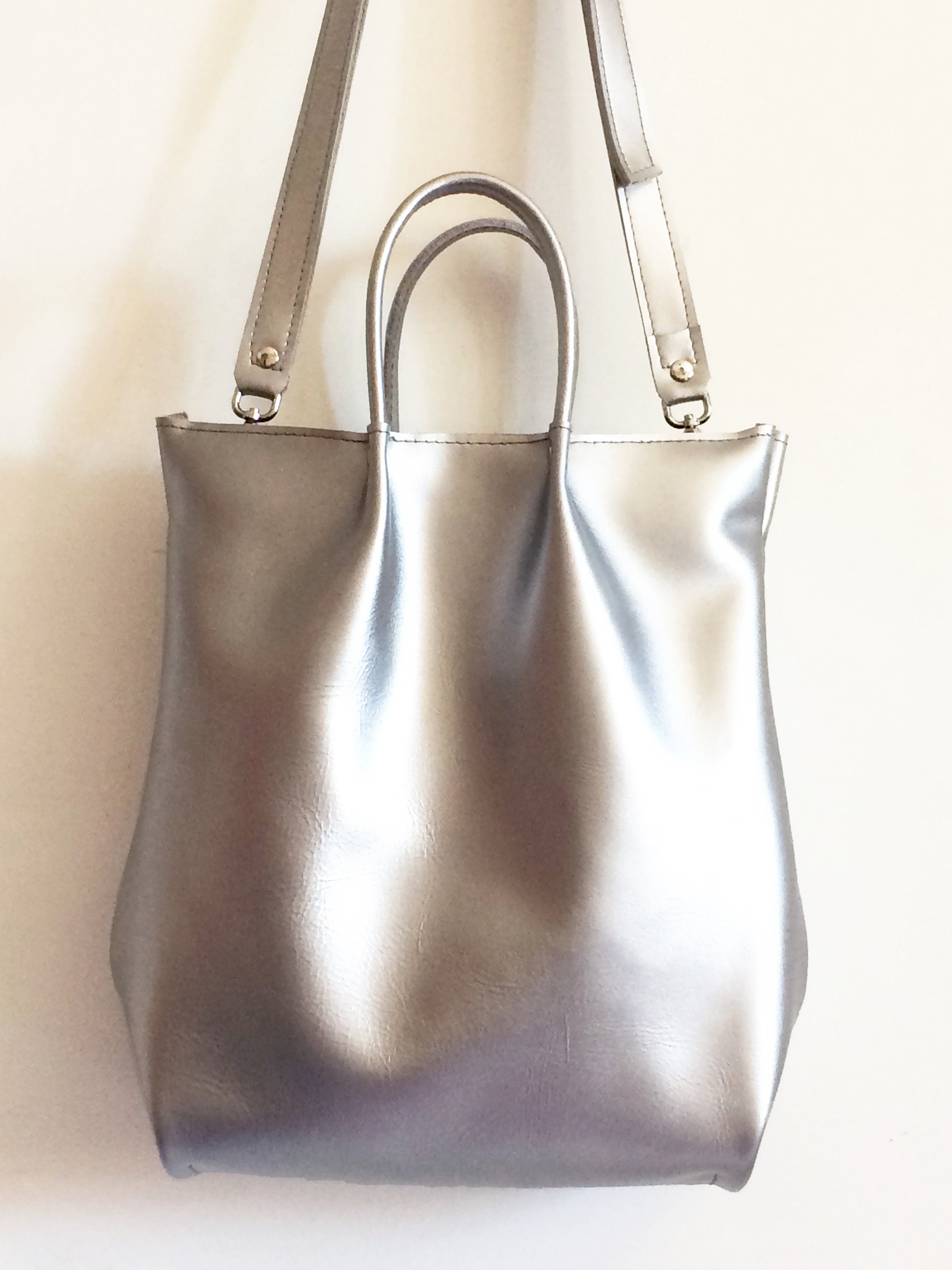 Silver Leather Tote Metallic Leather Bag Silver Tote Bag - Etsy