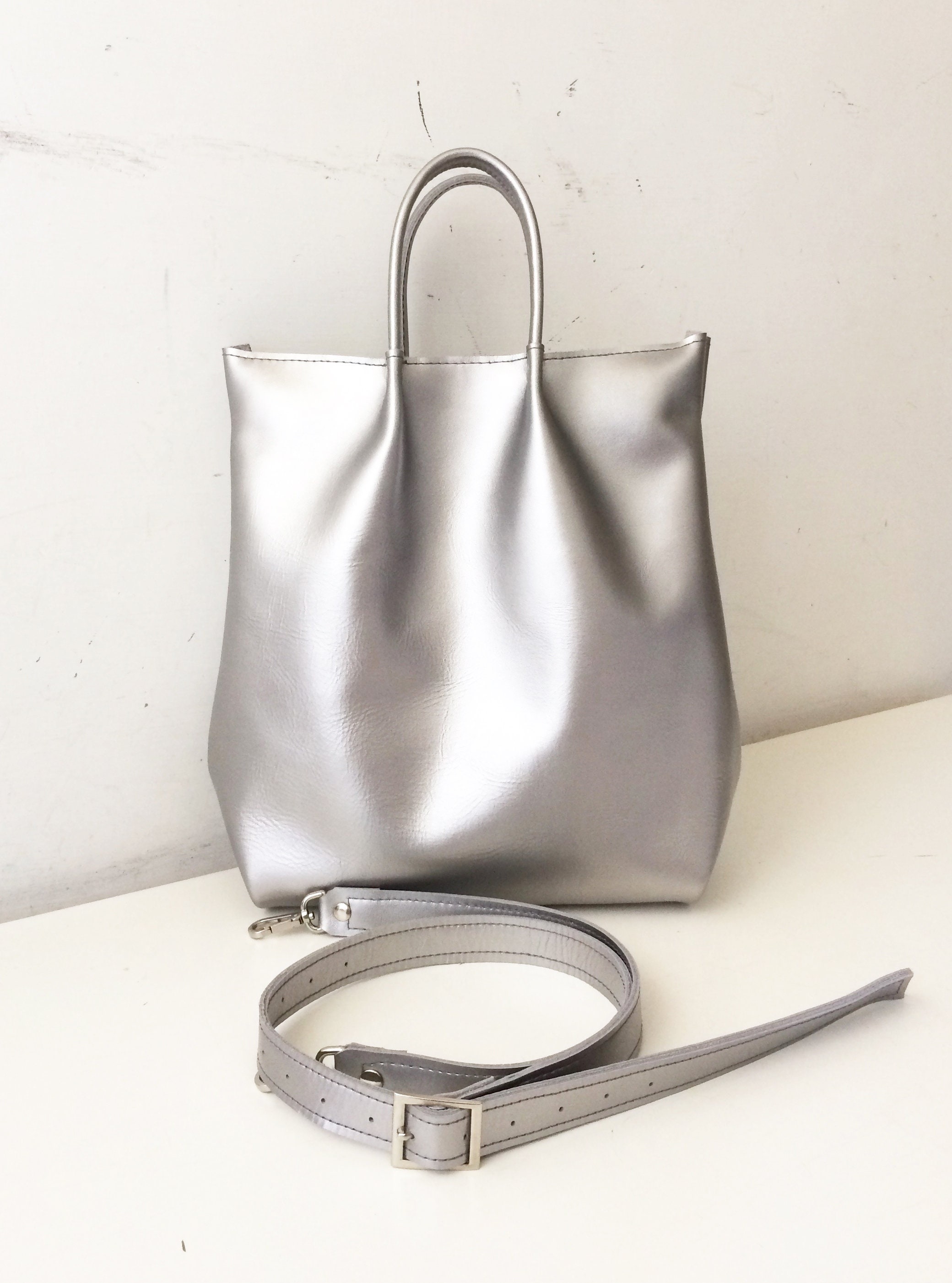 Silver Leather Tote, Metallic Leather Bag, Silver Tote Bag, Silver ...