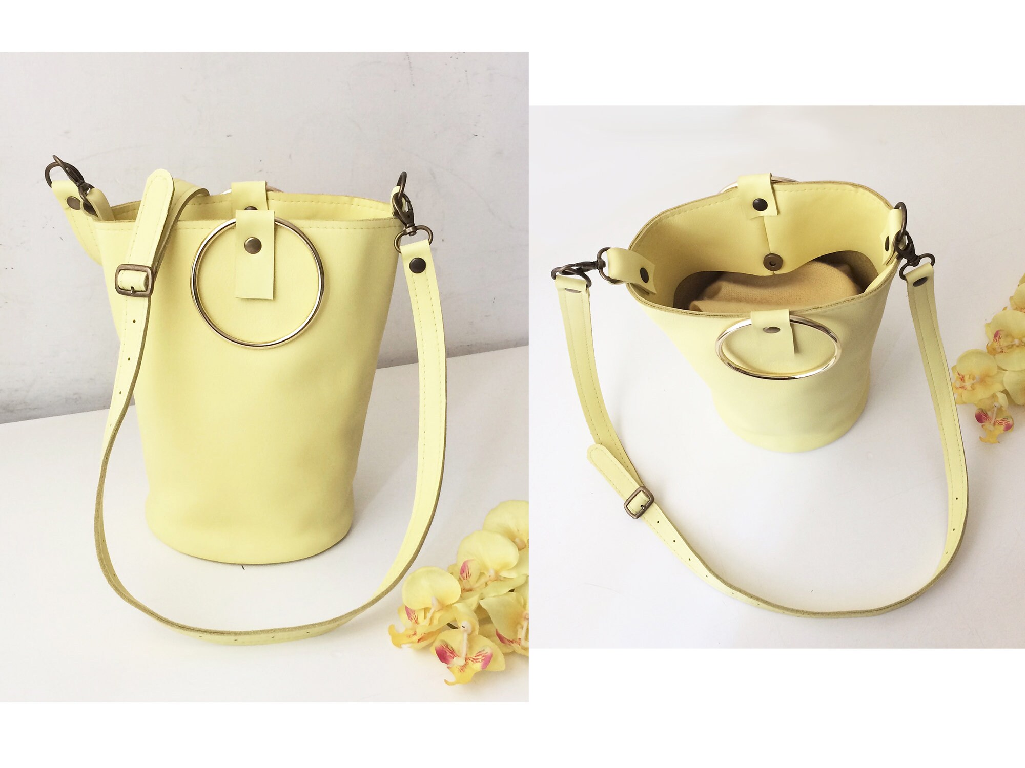 Yellow leather bag Yellow bucket bag with detachable | Etsy