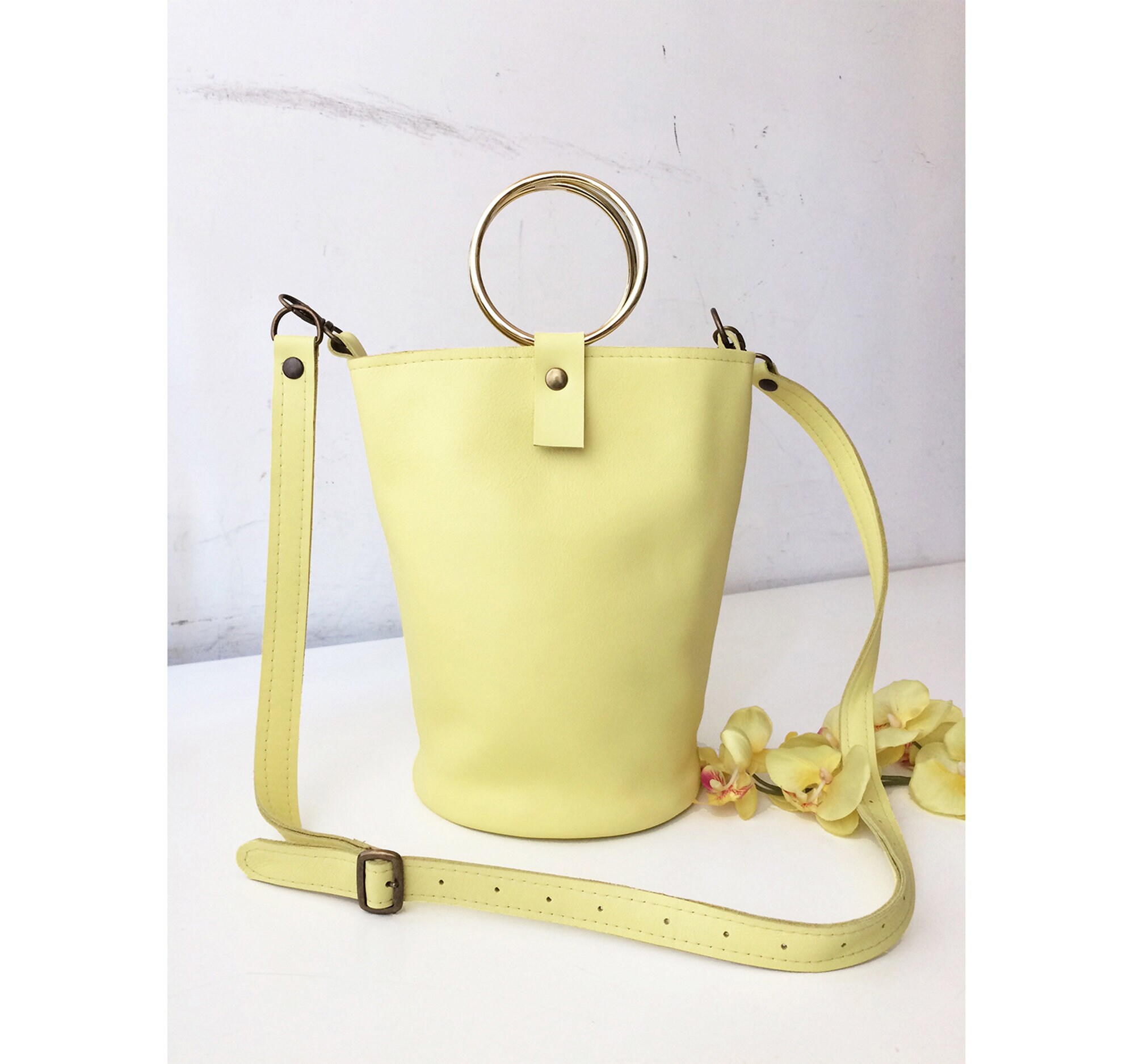Yellow Leather Bag Yellow Bucket Bag With Detachable - Etsy