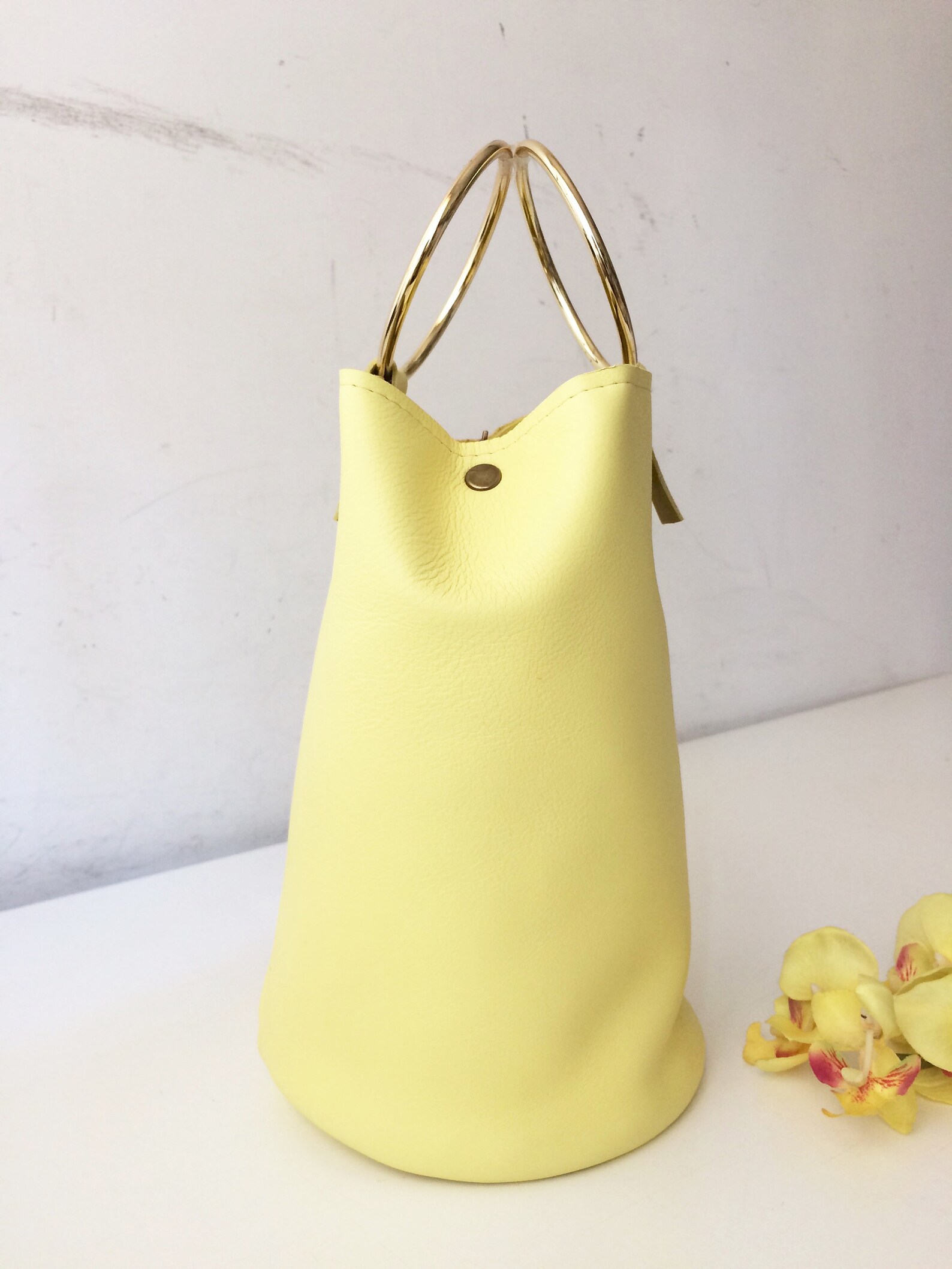 Yellow leather bag Yellow bucket bag with detachable | Etsy