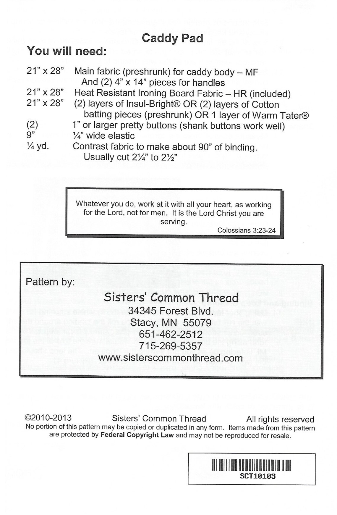 Caddy Pad Pattern by Sister's Common Thread SCT103 | Etsy