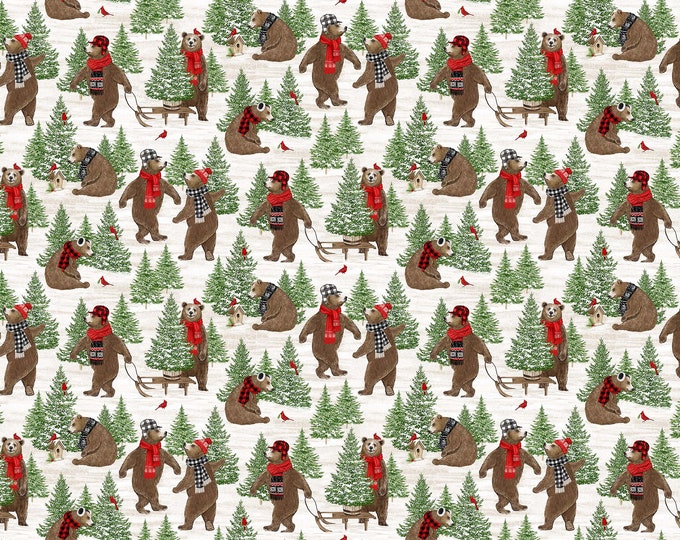 Beary Merry Christmas Forest Bears in White Multi by Northcott 27057-10 ...
