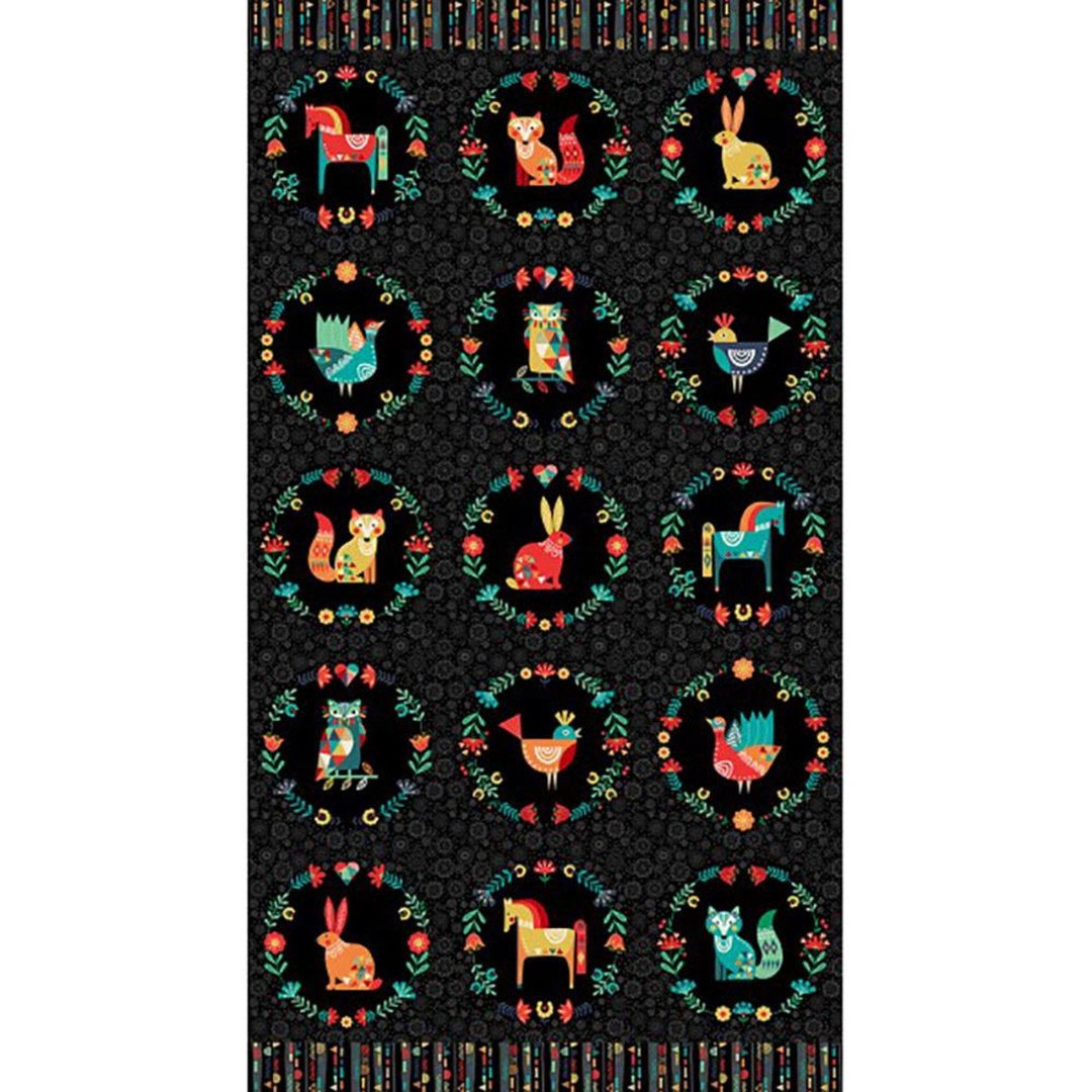 Folk Friends Fabric Panel in Black by Andover Makower UK | Quilting ...
