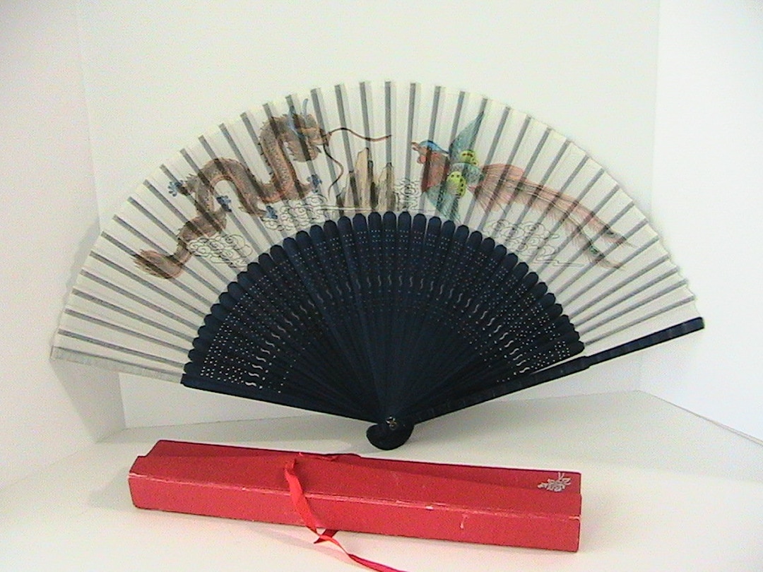 Hand Fan, Vintage Chinese Dragon and Long Tailed Bird Folding Hand Fan ...