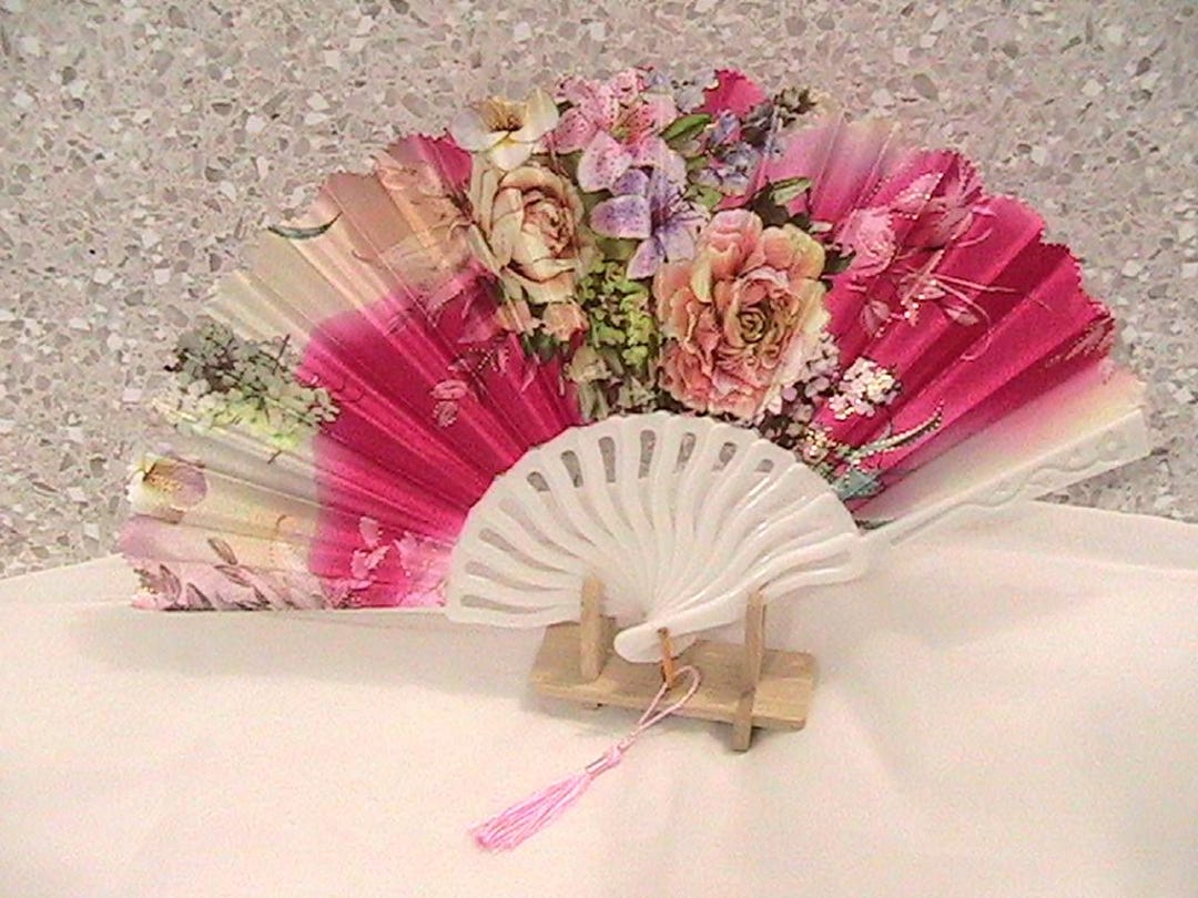 Hand Fan, Bright, Bold Colored Red Floral on White Folding Hand Fan ...