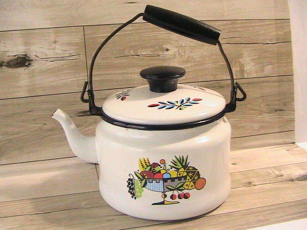 Kettle, Vintage Small White Enamelware Kettle With Fruit Design - Etsy