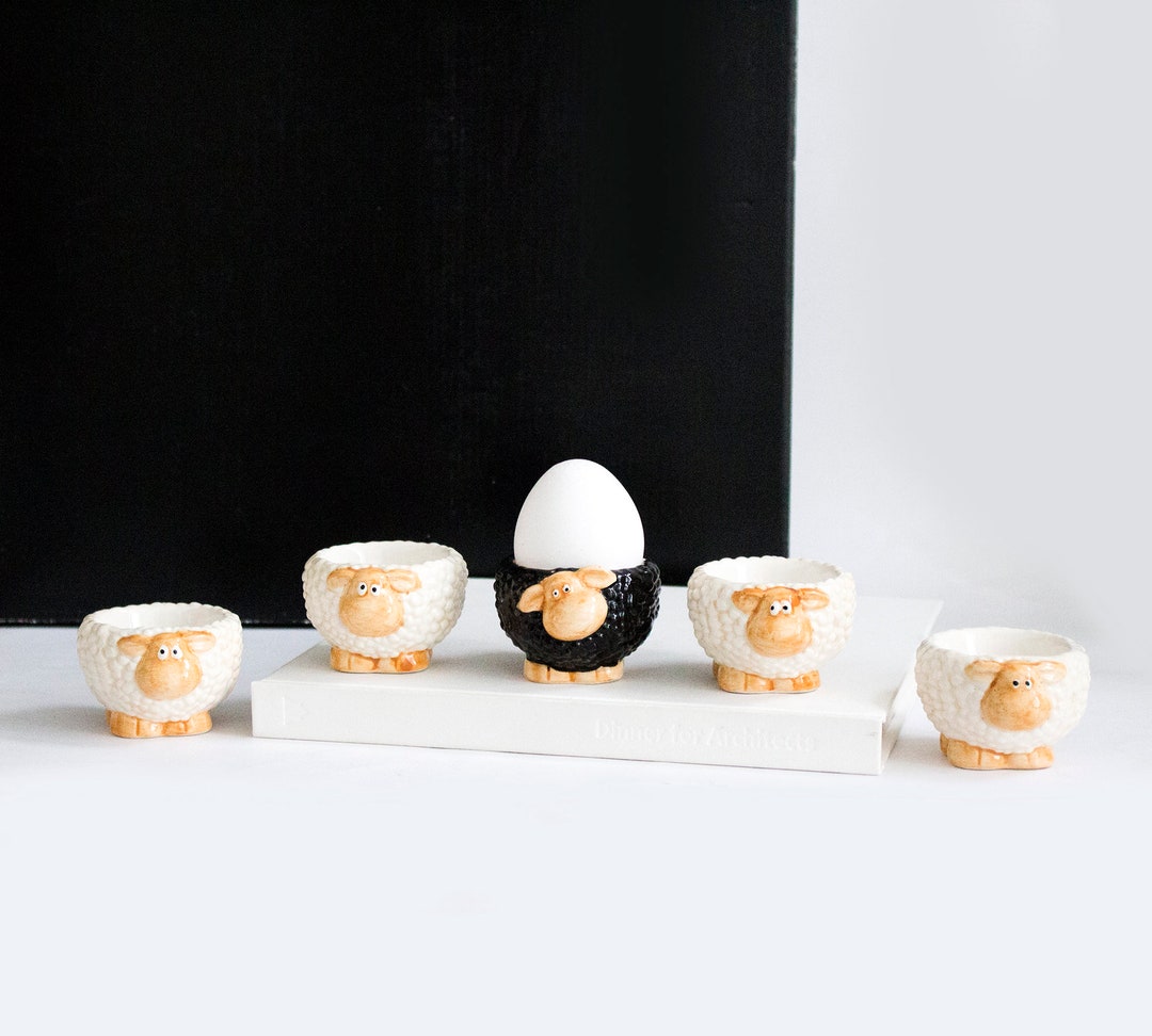 Vintage Sheep Shaped Egg Cup Set, 5 Black & White Sheep Egg Holders, Sheep World Egg Cups ...
