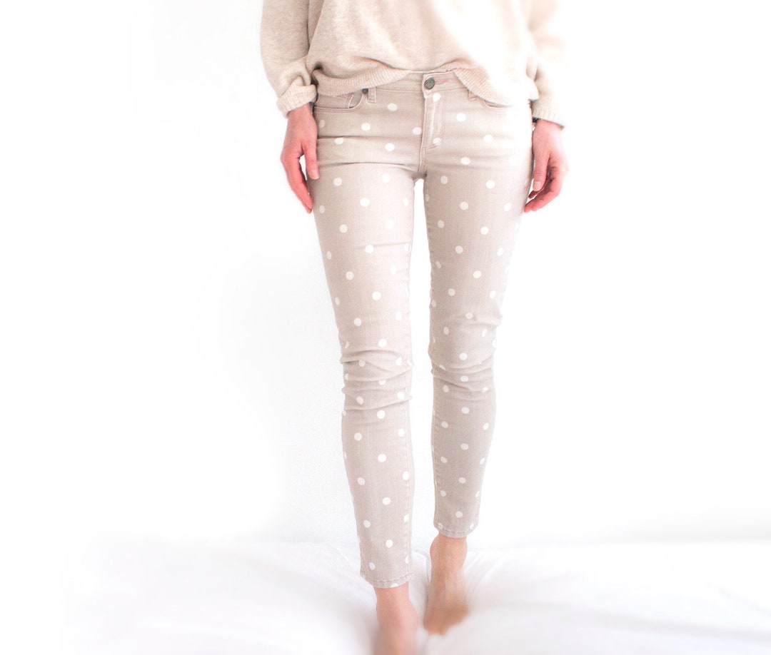 Pastel Pink Polka Dot Skinny Jeans, Powder Pink Dots Skinny Pants, Cute ...