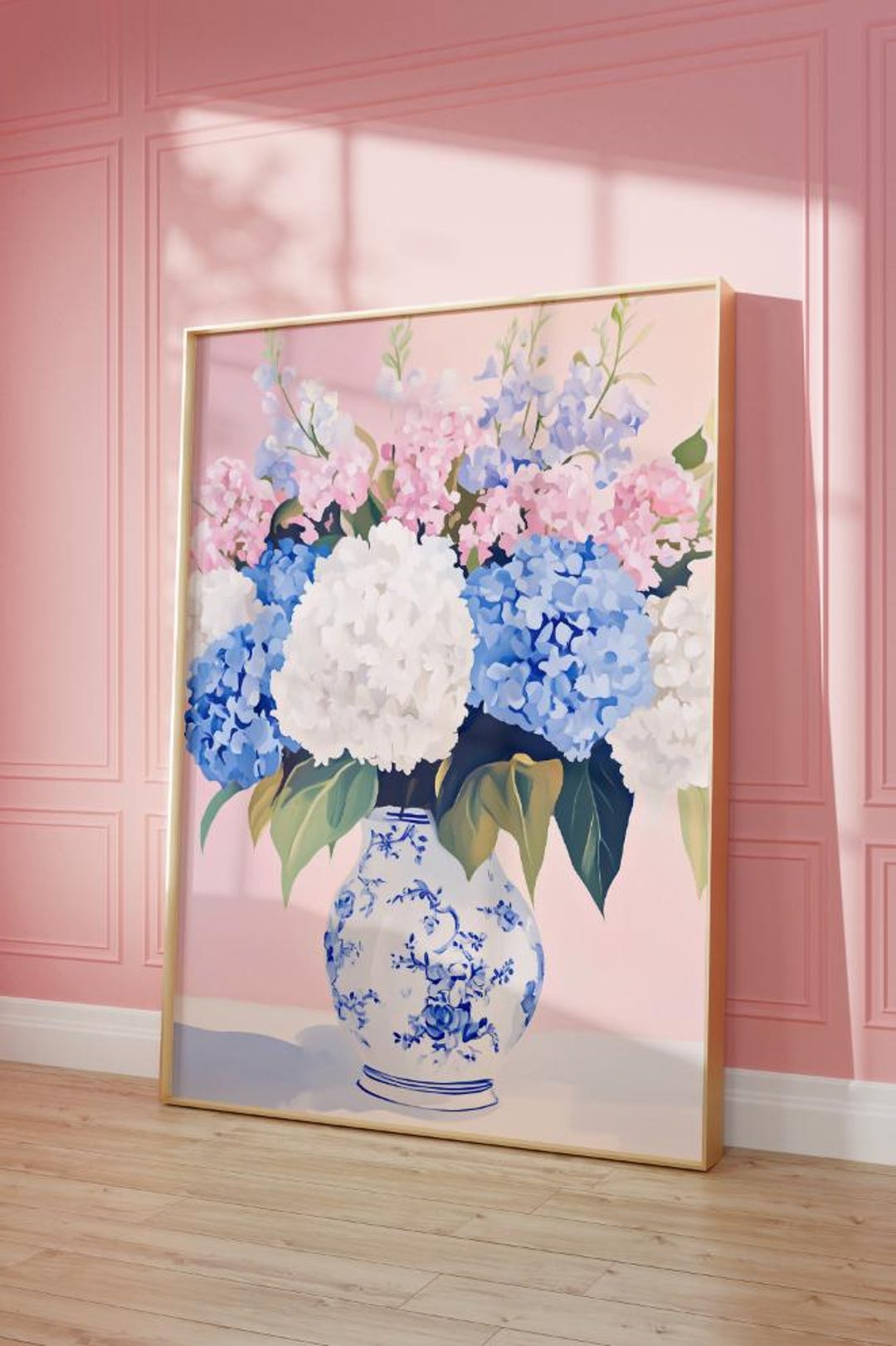 Preppy Hydrangea Painting Chinoiserie Printable Art, Preppy Blue Pink ...