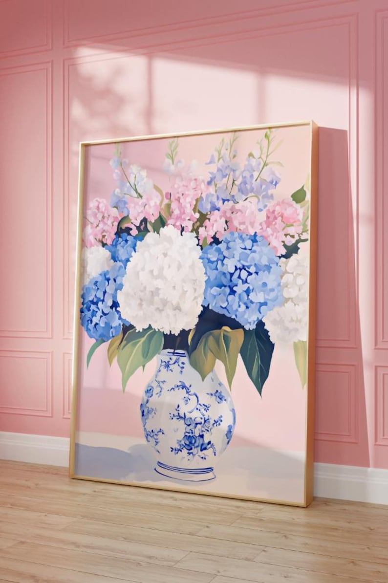Preppy Hydrangea Painting: Chinoiserie Floral Art (digital Download) - Etsy