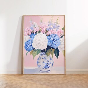 Preppy Hydrangea Painting Chinoiserie Printable Art, Preppy Blue Pink ...