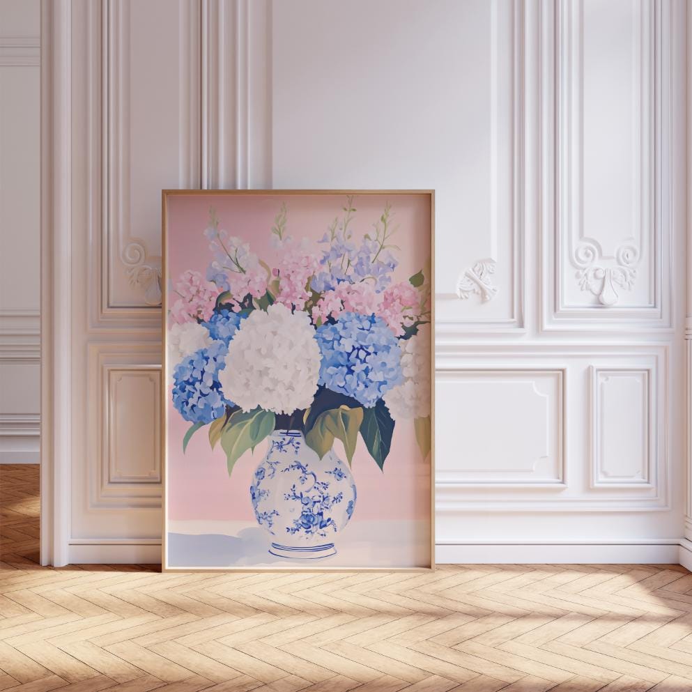 Preppy Hydrangea Painting: Chinoiserie Floral Art (digital Download) - Etsy