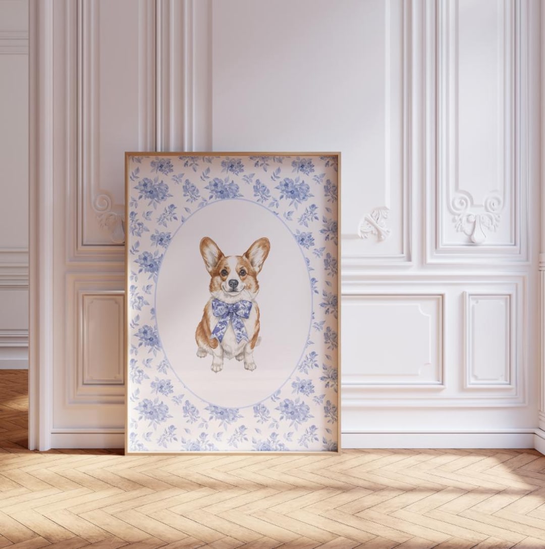 Preppy Corgi Dog Art Print, Chinoiserie Aesthetic Dog Print, Preppy Dog ...