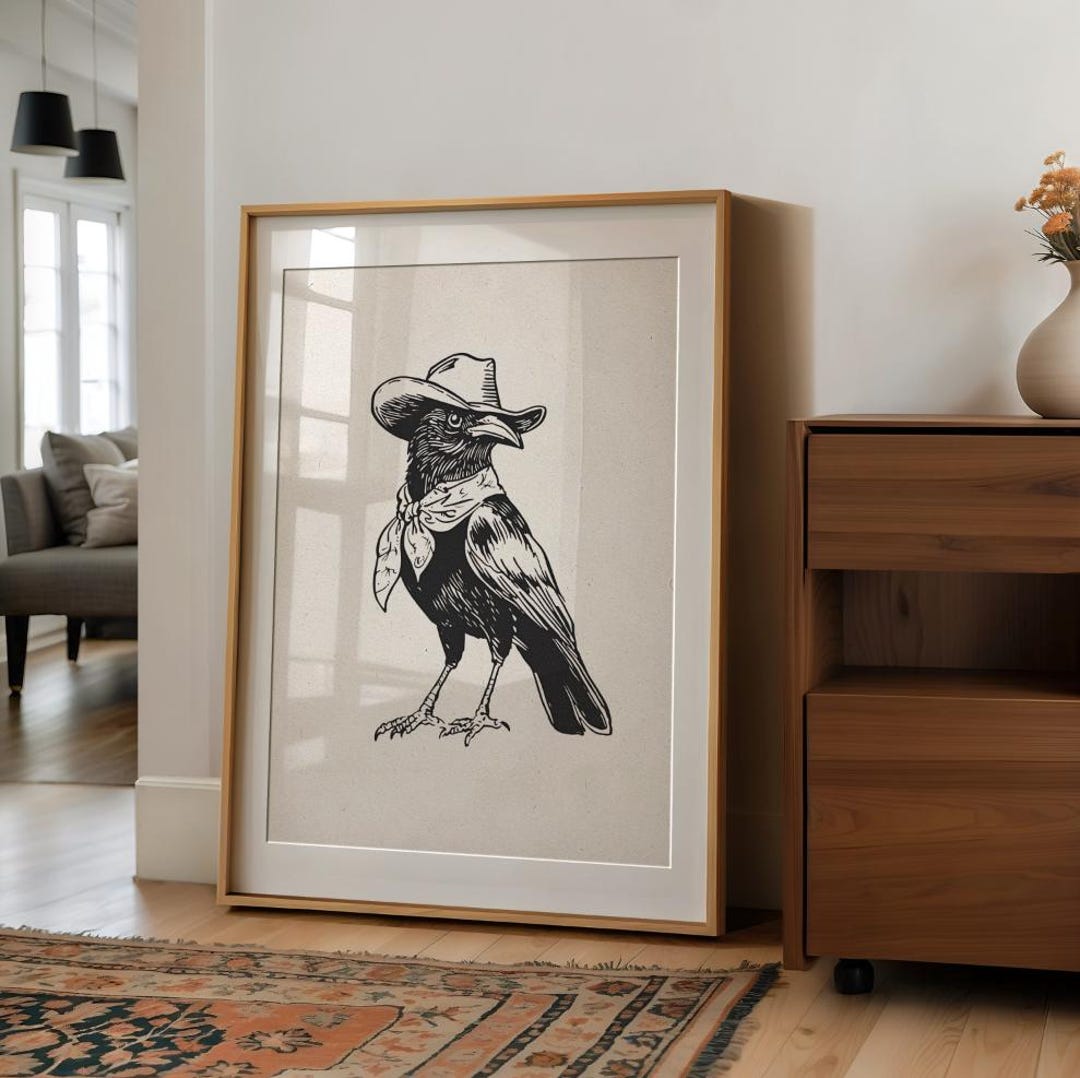 Western Bird Crow Cowboy Hat Print, Neutral Aesthetic Print, Western ...