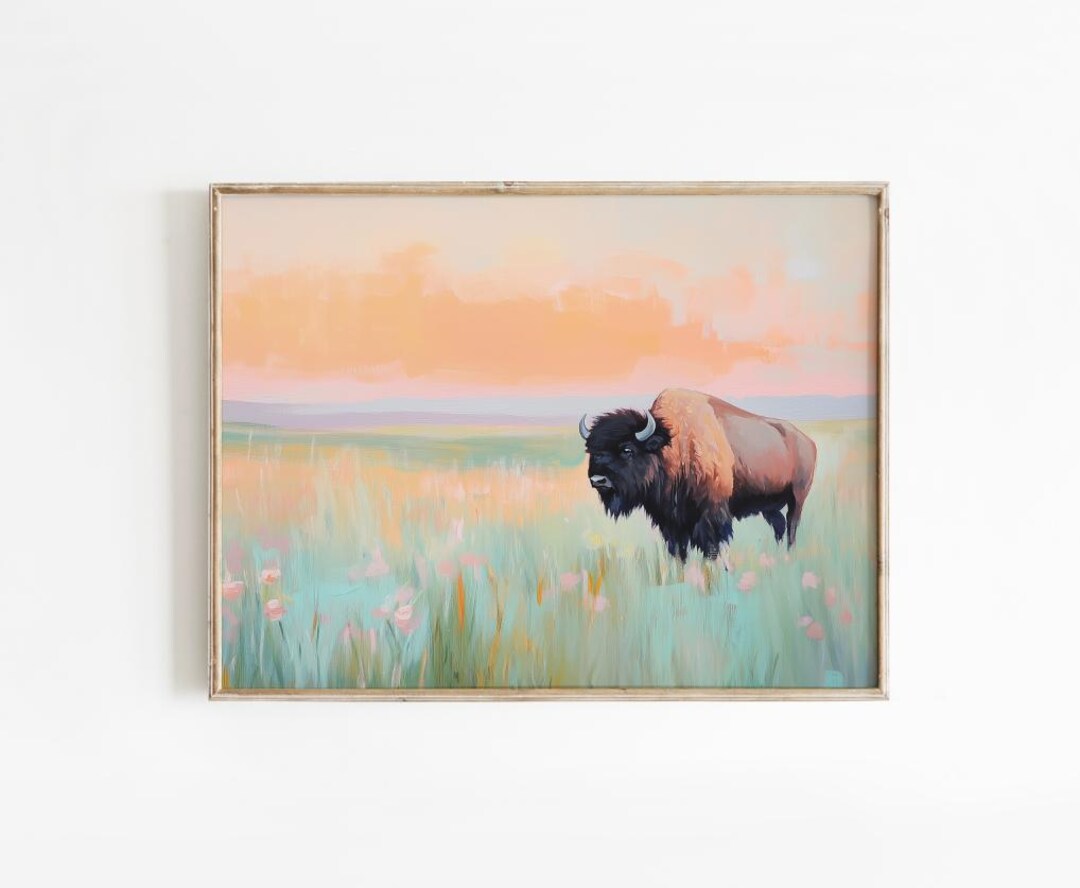 American Bison Print, Pink Print, Vintage Art, Western Bison Wall Art ...