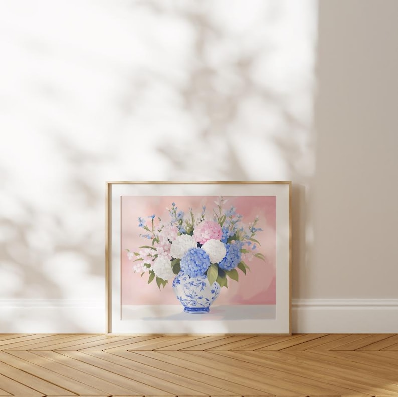 Preppy Hydrangea Chinoiserie Art Print: Blue, Pink & White Floral ...