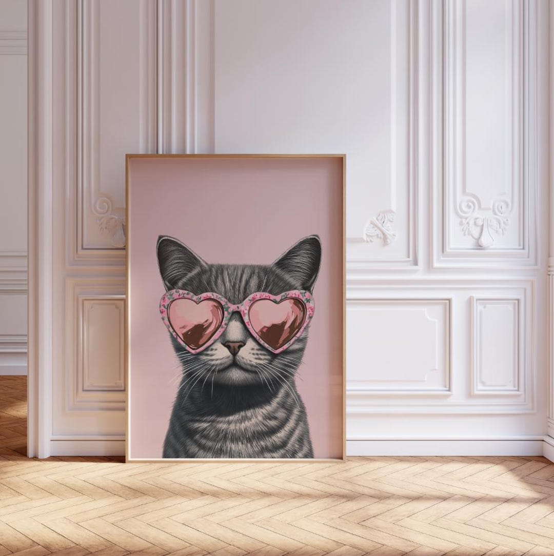 Printable Pink Cat Print, Funky Poster, Preppy Art, Grey Cat Art, Cute ...
