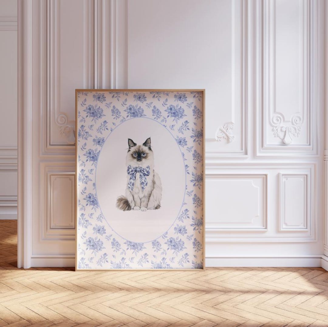 Preppy Ragdoll Cat Art Print, Chinoiserie Aesthetic Cat Print, Preppy ...