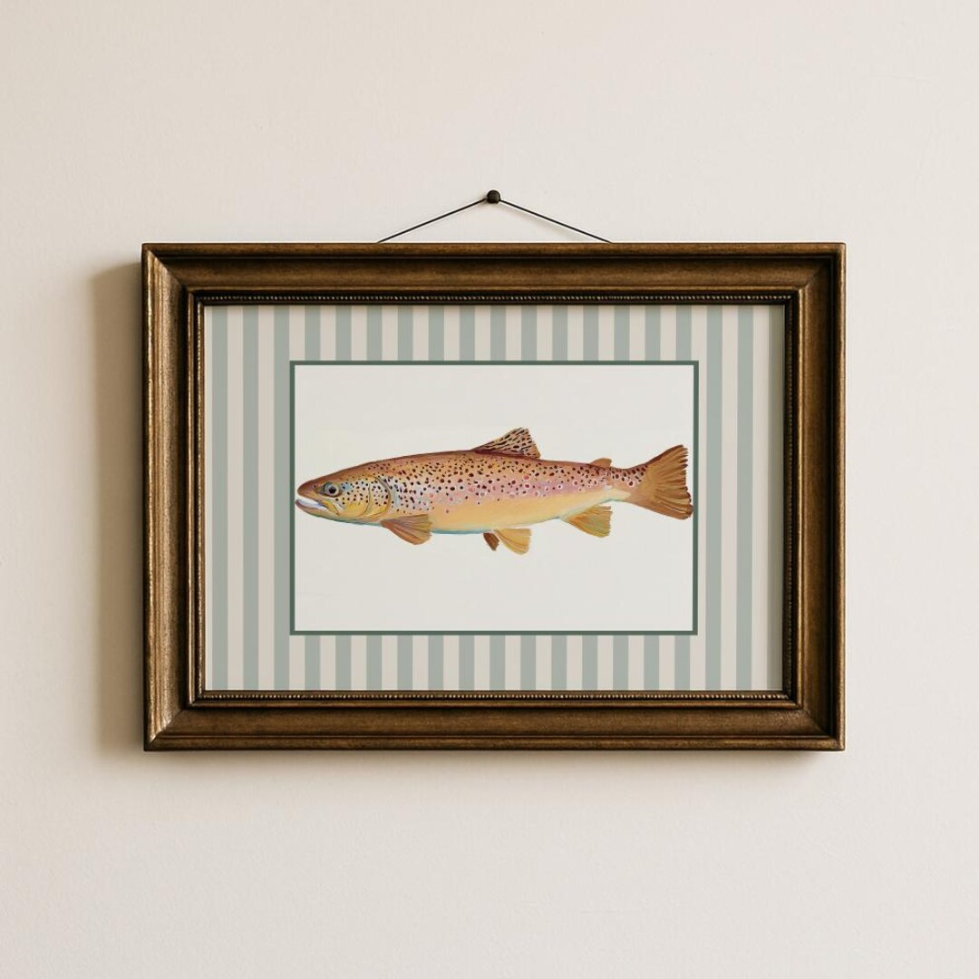 Vintage Fish Drawing Print, Vintage Brown Trout Painting, Fishing ...
